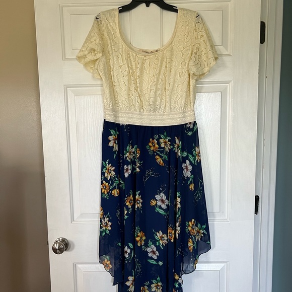 Dresses | Ivory Lace Top Dress With Blue Floral Bottom | Poshmark